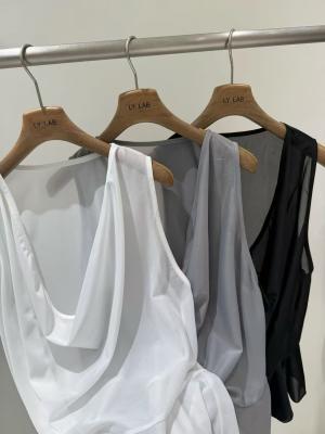 China Summer Fashion 95% Polyester 5% Spandex White Gray Black Asymmetrical Round Neck Pleated Vest for sale