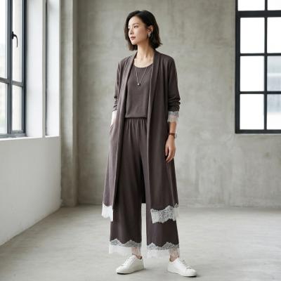 China Stylish Lace-Trimmed Hem Knit Trousers, High-Quality Blended Fabric of 40% Lenzing™ Modal, 37% Cotton, 17% Polyester and 6% Spandex, Skin-Friendly Elastic Daily Knit Pants for sale