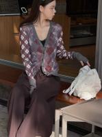 China Fashionable Plaid Print Knit Cardigan with High-Quality 97% Polyester 3% Spandex Blended Material for sale