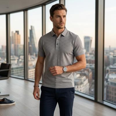 China BBH9026  Luxury Embossed CC Pattern Men Polo Shirt 79% Nylon 21% Spandex Soft Stretch Wrinkle Resistant Business Short Sleeve Top for sale
