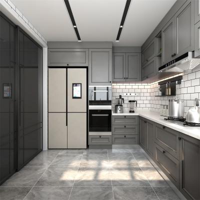 China Melamine Board Door Material Kitchen Cabinet with Flat Edge Countertop in White and Brown for sale