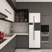 China Custom Gray White Particle Board Kitchen Cabinet with PVC Membrane Surface Treatment for sale