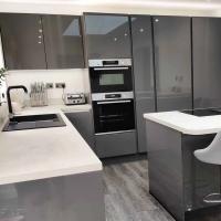 China Custom Size White Wooden Luxury Apartment Kitchen Cabinets Sets with Waste Container for sale