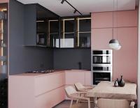 China Ready to Assemble Modern Pink Lacquer Kitchen Cabinet Set with Quartz Stone Countertop for sale