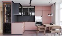 China Ready to Assemble Modern Pink Lacquer Kitchen Cabinet Set with Quartz Stone Countertop for sale
