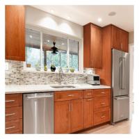 China Dark Wood Grain PVC Membrane Panels Solid Wood Kitchen Cabinets with Plywood Carcase for sale