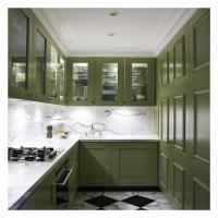China Modern Style Green Framed Solid Wood Shaker Kitchen Cabinets with Easy Maintenance for sale
