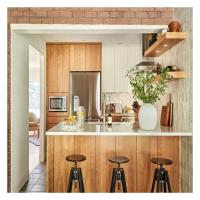 China Customized Solid Wood Kitchen Cabinets with Dark Clear Wood Grain Glossy Veneer Doors for sale