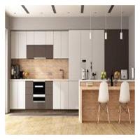 China Easy Clean White Wood Grain Gloss Kitchen Cabinets with Artificial Quartz Countertop for sale
