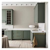China Dark Green Lacquered Solid Wood Kitchen Cabinet with Modular Design and Drawer Basket for sale