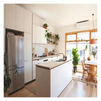 China Modern Style Two Tone Melamine Plywood Solid Wood Kitchen Cabinets with Waste Container for sale