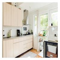 China Modern Style Two Tone Melamine Plywood Solid Wood Kitchen Cabinets with Waste Container for sale