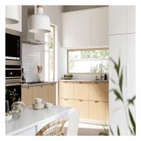 China Modern Style Two Tone Melamine Plywood Solid Wood Kitchen Cabinets with Waste Container for sale