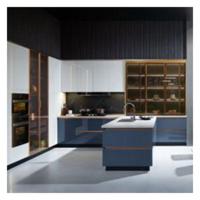 China Stylish CLASSIC Style Blue Lacquered Solid Wood Kitchen Cabinets with Drawer Basket for sale