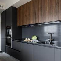 China Kitchen Cabinet Design Modular Solid Wood Mdf Veneer Lacquer Finish Walnut Wood Color for sale