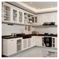 China European Style Lighting Kitchen Cabinet with Glass Door and Melamine Board Backsplash for sale