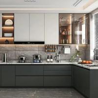 China European Style Lighting Kitchen Cabinet with Glass Door and Melamine Board Backsplash for sale