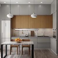 China Waterproof Fireproof Advantage YALIG Straight Line Silver 2 Pac Kitchen Project with Small Island for sale