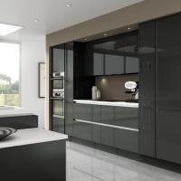 China Blum Hardware Kitchen Island Pantry Cupboard with Solid Wood Door Panel in Black Design for sale