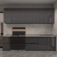 China Veneer Finished Top and Lacquer Finished Bottom Kitchen Cabinet in Glossy Gray Polymer for sale