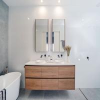 China Modern Euro Style Bathroom Vanity with Wood Grain Floating Vanity and Silver Mirror for sale