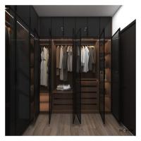 China Stylish Walk-in Closets Lighting Design Black Glass Door Panel with Foldable Panels for sale