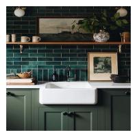 China Perfect Match Shaker Style Green Paint Finish Solid Wood Cabinets and Quartz Countertops for sale