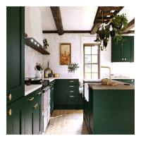 China Perfect Match Shaker Style Green Paint Finish Solid Wood Cabinets and Quartz Countertops for sale