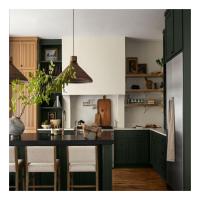 China Perfect Match Shaker Style Green Paint Finish Solid Wood Cabinets and Quartz Countertops for sale
