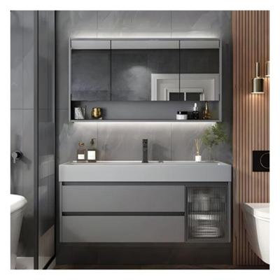 China Solid Wood Grey Lacquered Bathroom Vanity with Glass Door Panel and Integral Basin Design for sale
