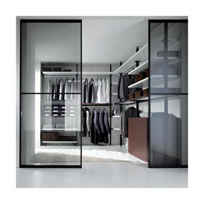 China Modern Design Style Wooden Minimalist Wardrobe with Glass Door Panel and Light Strip for sale