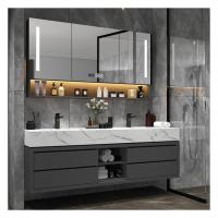 China Solid Wood Grey Lacquered Bathroom Vanity with Glass Door Panel and Integral Basin Design for sale