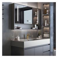 China Solid Wood Grey Lacquered Bathroom Vanity with Glass Door Panel and Integral Basin Design for sale