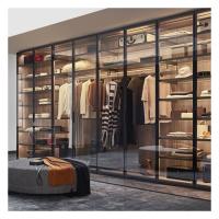 China Modern Design Style Wooden Minimalist Wardrobe with Glass Door Panel and Light Strip for sale