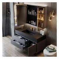 China Solid Wood Grey Lacquered Bathroom Vanity with Glass Door Panel and Integral Basin Design for sale