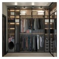 China Modern Design Style Wooden Minimalist Wardrobe with Glass Door Panel and Light Strip for sale