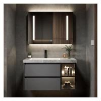 China Solid Wood Grey Lacquered Bathroom Vanity with Glass Door Panel and Integral Basin Design for sale