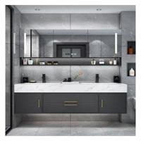 China Solid Wood Grey Lacquered Bathroom Vanity with Glass Door Panel and Integral Basin Design for sale