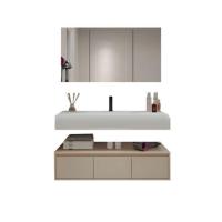 China Floating White Lacquered Vanity Combo with Rounded Design Countertop and Solid Wood Doors for sale
