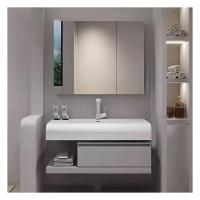 China Floating White Lacquered Vanity Combo with Rounded Design Countertop and Solid Wood Doors for sale