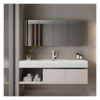 China Floating White Lacquered Vanity Combo with Rounded Design Countertop and Solid Wood Doors for sale