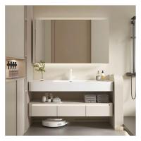 China Floating White Lacquered Vanity Combo with Rounded Design Countertop and Solid Wood Doors for sale