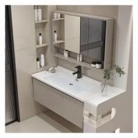 China Floating White Lacquered Vanity Combo with Rounded Design Countertop and Solid Wood Doors for sale