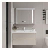 China Floating White Lacquered Vanity Combo with Rounded Design Countertop and Solid Wood Doors for sale