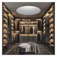 China Leisure Facilities Modern Glass Panel Solid Wood Walk In Wardrobe with Lighting Design for sale