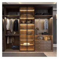 China Leisure Facilities Modern Glass Panel Solid Wood Walk In Wardrobe with Lighting Design for sale