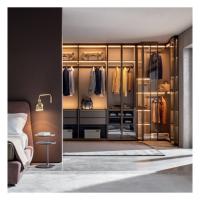 China Leisure Facilities Modern Glass Panel Solid Wood Walk In Wardrobe with Lighting Design for sale