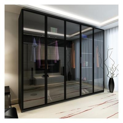 China Home Furniture Modern Black Aluminium Framed Glass Panels Solid Wood Wardrobe with Light Bar Decoration for sale