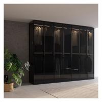 China Home Furniture Modern Black Aluminium Framed Glass Panels Solid Wood Wardrobe with Light Bar Decoration for sale