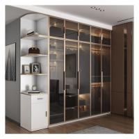 China Adjustable Height Elegant White Aluminium Framed Glass Door Panel Solid Wood Wardrobe for sale